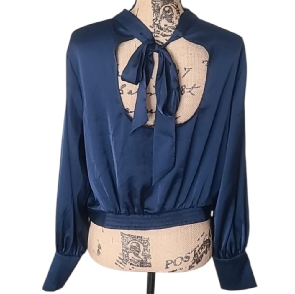Express | Tops | Express Satin Navy Mock Neck Tie Open Back | Poshmark